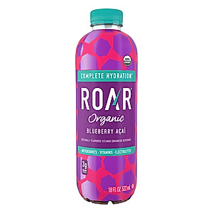 Roar Organic Electrolyte Infusions - USDA Organic - Blueberry Acai - with Antioxidants, B Vitamins, Low-Calorie, Low-Sugar, Low-Carb, Coconut Water Infused Beverage 18 Fl Oz (Pack of 12)
