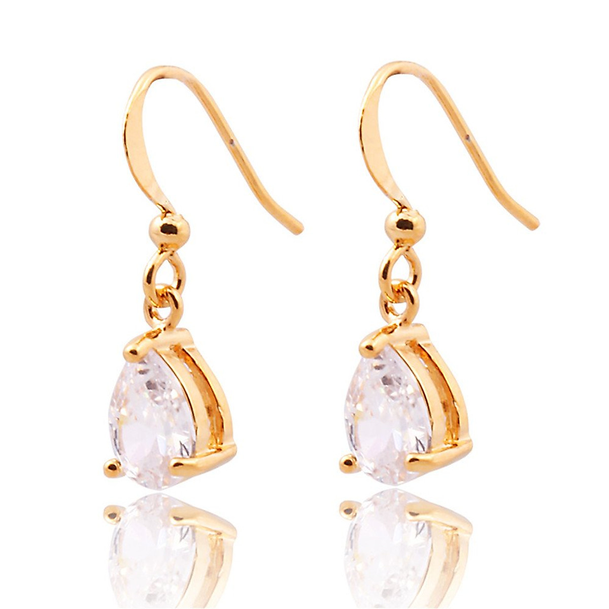 Dangle Drop Pierced Earrings with Pear Cut CZ White Cubic Zirconia in 18K Yellow Gold Plated, Simple Modern Elegant