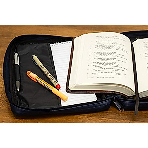 Blue Embossed Cross with Front Pocket Leather Look Bible Cover with Handle, Large