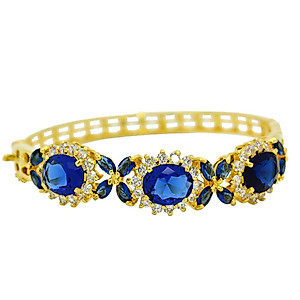 22k 24k Yellow Gold Plated Women Rare Thai Flower Cubic Zirconia Cz AAA Syn Blue Sapphire Bracelets Cuff Bangle 5 Mm 5.5 Cm