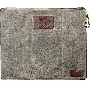 XL Water Resistant Zipper Document Holder, Fits Manila Folder, Rustic Extra Large Waxed Canvas Pouch Full Grain Leather, Inner Pockets, Carabiner, Hold Books, A4 Handouts, Travel Accessories. Olive.