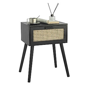 AWASEN Mid Century Modern Nightstand, Rattan Side Table with Drawer, Black Bedside Table with Storage and Solid Wood Legs for Living Room, Bedroom and Small Space (Black)