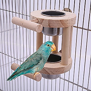 Bird Feeding Cups with Wooden Perch Stand, Bird Cage Stainless Steel Food Water Feeder with Wooden Platform for Parrot Macaw African Greys Budgies Parakeet Cockatiels Conure Lovebirds Finch Pigeon