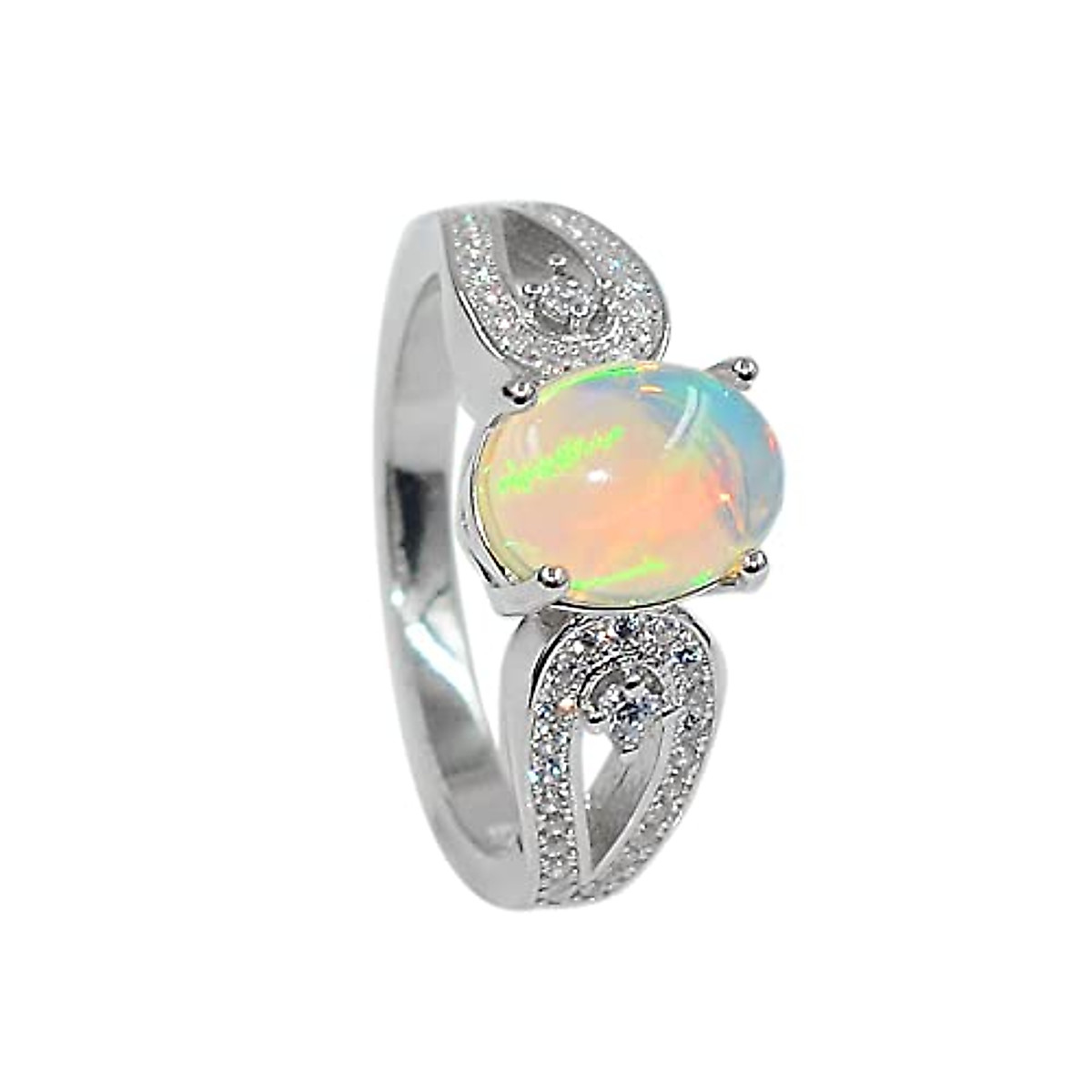 9X7 MM Oval Natural Ethiopian Opal Cabochon Gemstone 925 Sterling Silver October Birthstone Solitaire Unisex Proposal Ring Valentine's Day For Girlfriend Gift (Rhodium Plated Silver, 9.5)