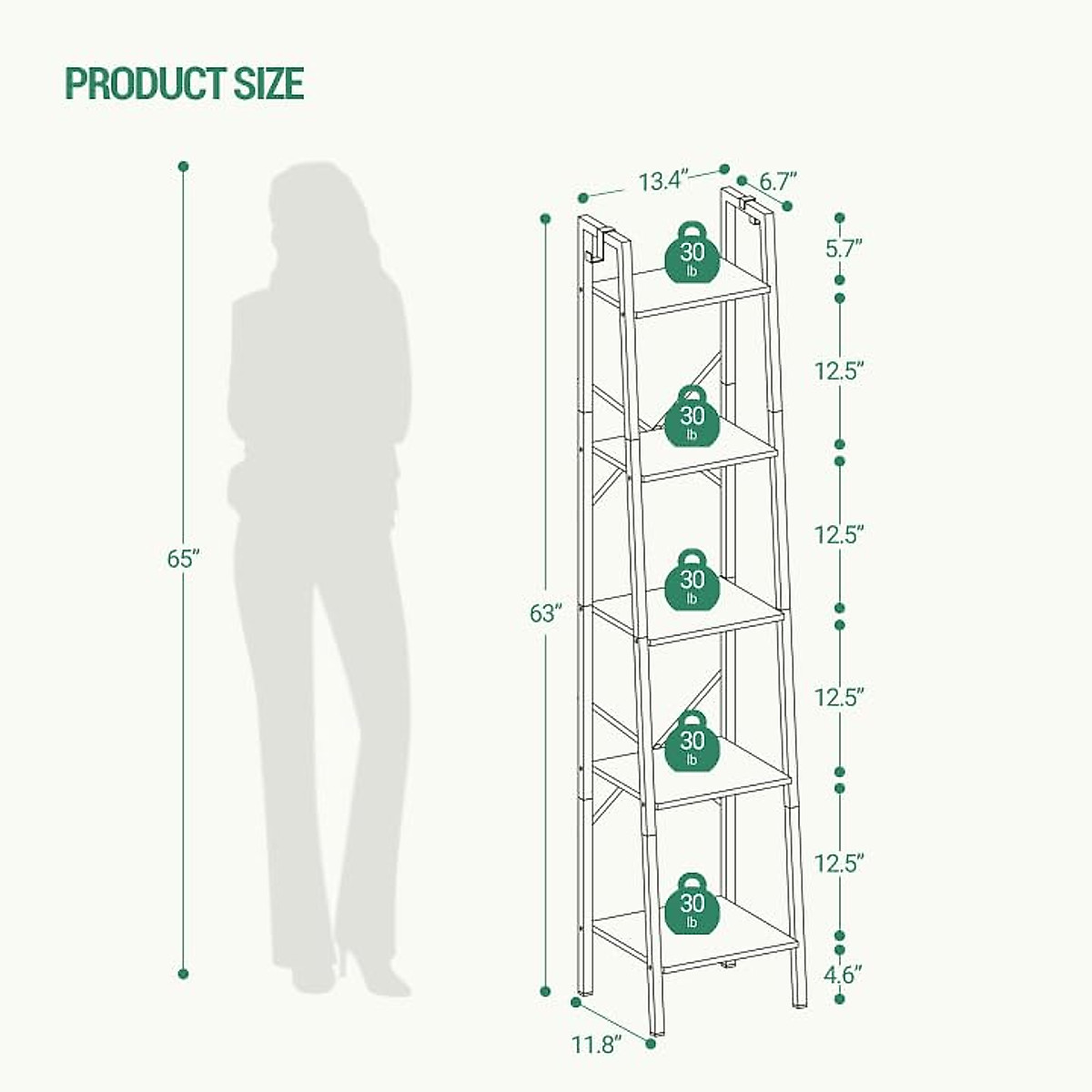 Hzuaneri Ladder Shelf, Bookshelf Bookcase, Freestanding Corner Storage Shelve with 2 Hooks for Home Office, Living Room, Kitchen, Bedroom, Industrial, 5-Tier White Gold BC03213G