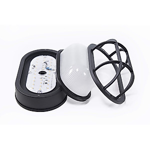 CORAMDEO Outdoor 8.5” Oval LED Nautical Bulkhead Light, Flush Mount for Wall or Ceiling, Wet Location, 75W of Light, 800 Lumens, 3K, Black Cast Aluminum with Frosted Glass Lens