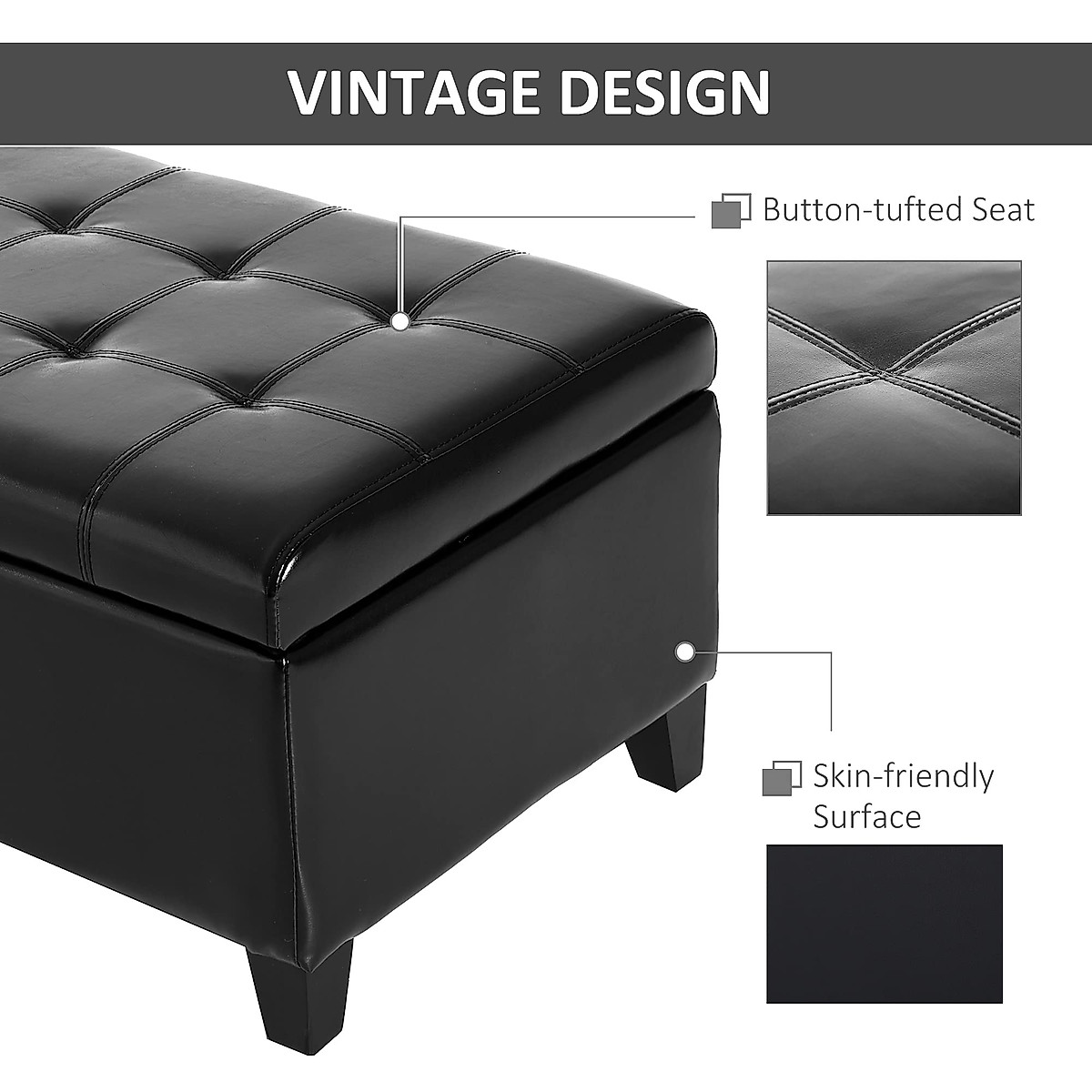 HOMCOM 51" Ottoman Storage Bench, Faux Leather Storage Chest with Lift Top, Tufted Ottoman with Storage for Living Room, Entryway, Black