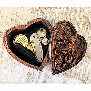 Top Brass Steampunk Octopus Heart Shaped Small Trinket Stash Jewelry Box Figurine - Unusual Eclectic Gothic Decor (Rustic Copper)