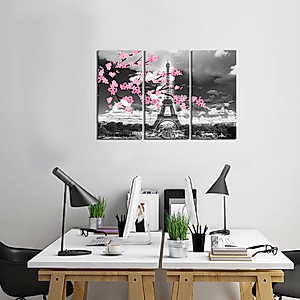 sechars 3 Piece Pink Flower Wall Art Cherry Blossom Tree with Black and White Paris Eiffel Tower Painting Canvas Prints Romantic Artwork for Home Wall Decor Ready to Hang Each Piece 12x24inch