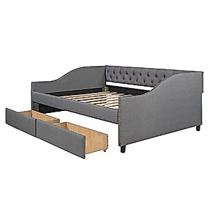 Upholstered Full Daybed with Two Storage Drawers, Full Size Button Tufted Sofa Bed Daybed with Nailhead Trim and Wood Slat Support (Grey Fabric)