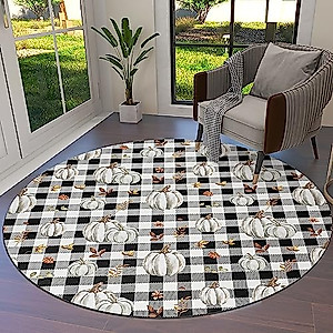 Plaid Pumpkin Large Area Rugs Carpet 5 Feet for Bedroom Living Room,Accent Throw Kitchen Hallway Bathroom Runner Rug Low Pile Entryway Door Mat Floor Doormat,Fall Thanksgiving Buffalo Plaid Leaves