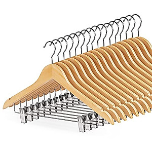 HOUÍSM 16Pack Wooden Hangers Skirt Hangers with Clips, Solid Wood Pants Hangers Natural Smooth Finish High-Grade Selected Wood Hangers with Sturdy Metal Clips for Blouse Dress Coat Jacket