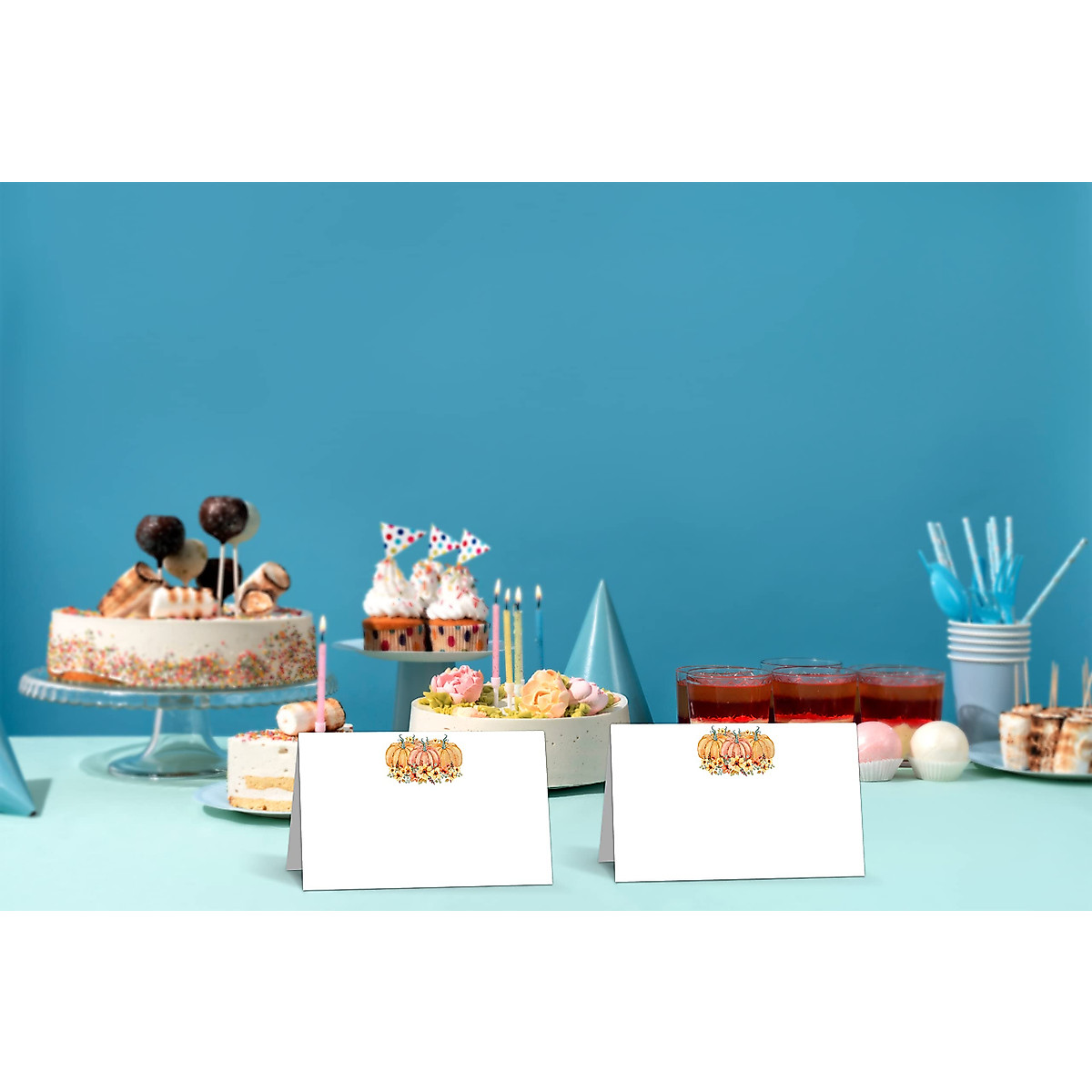 Fall Thanksgiving Table Place Card, 25 Pcs Tent Style Cards Set with Pumpkin and Maple Leaf, Editable Name Cards for Table Seating, Scored for Easy Folding, Food Lables for Autumn Party (01)