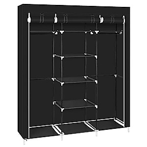 GOODSILO 69 inch Tall Portable Wardrobe Closet Clothes Organizer Clothing Storage with 2 Side Hanging Rod and 12 Storage Shelves and Non-Woven Fabric Cover for Bedroom, Home, Apartment, Dorm Black