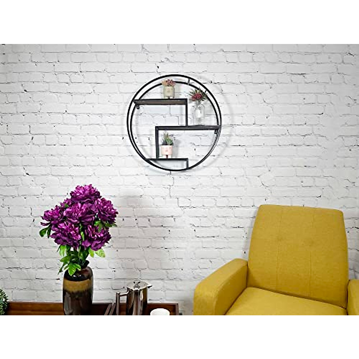 Admired By Nature Mounted Iron Hanging Storage 3 tier Floating Shelves Wall Shelf, Round Black Large