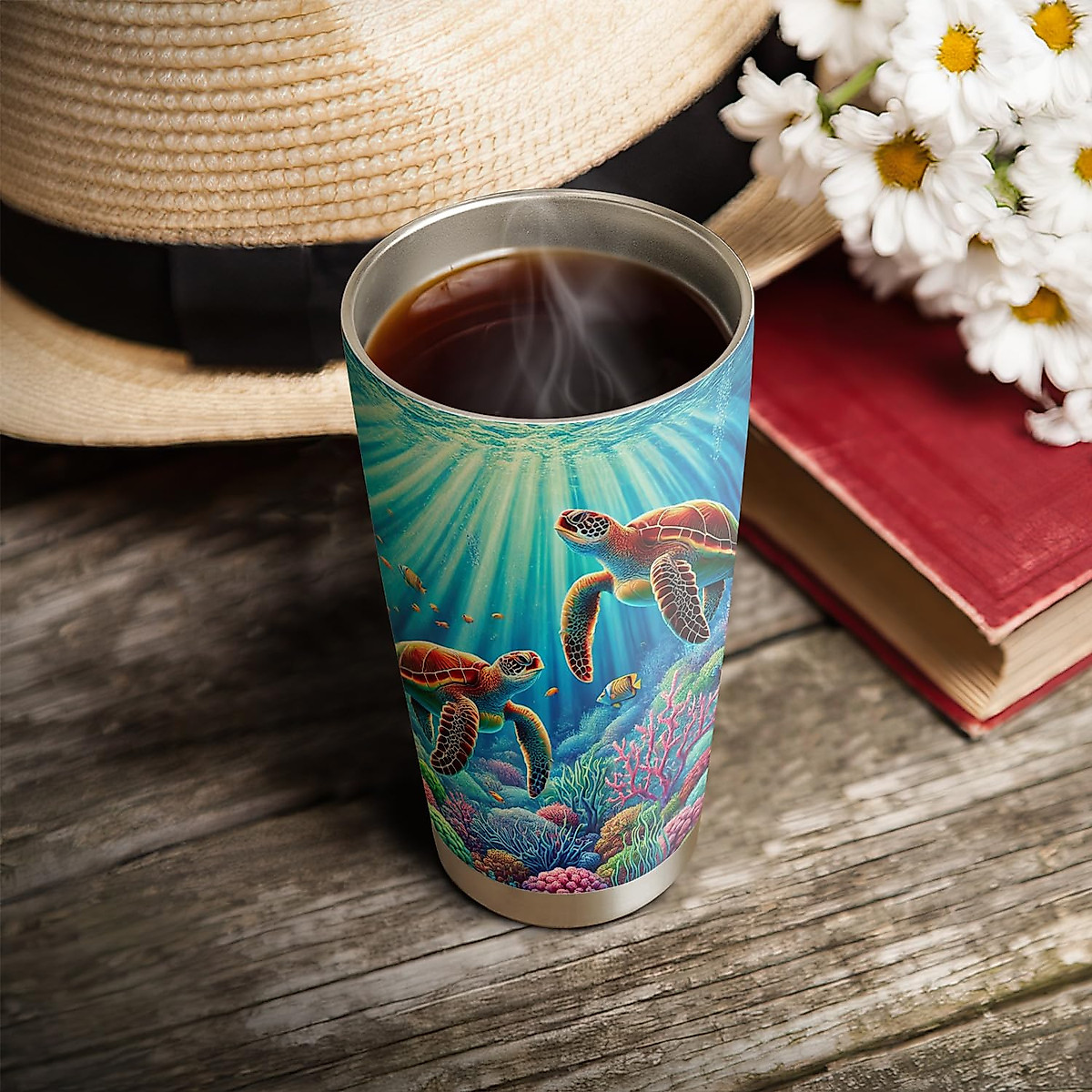 20oz Sea Turtle Tumbler, Gifts for Turtles Lovers, Ocean, Beach Gifts, Coffee Thermos for Women, Men, Stainless Steel Double Wall Vacuum Insulated Coffee Mug, Travel Cup with Lid