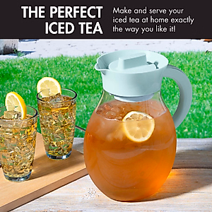 Primula The Big Iced Tea Maker and Infuser, Plastic Beverage Pitcher with Leak Proof, Airtight Lid, Fine Mesh Reusable Filter, Made without BPA, Dishwasher Safe, Aqua