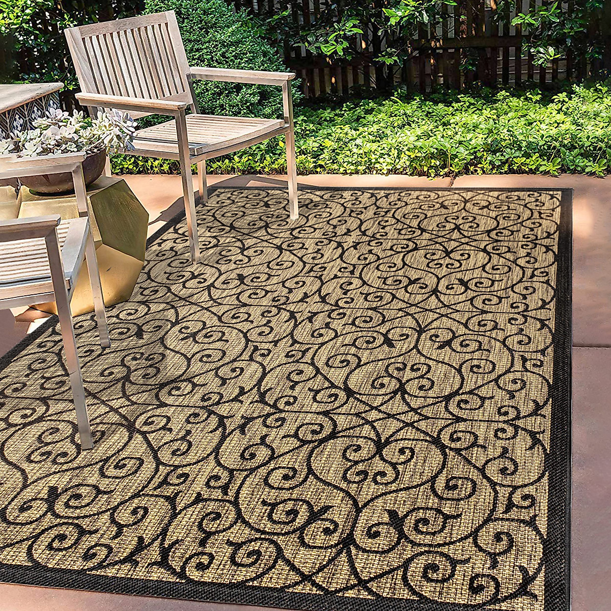 JONATHAN Y Madrid Vintage Filigree Textured Weave Indoor/Outdoor Black/Khaki 5 ft. x 8 ft. Area-Rug, Classic,Easy-Cleaning,HighTraffic,LivingRoom,Backyard, Non Shedding (SMB107A-5)