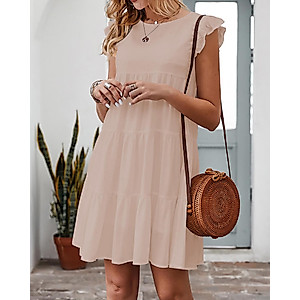 KIRUNDO Women's Summer Dresses 2024 Sleeveless Ruffle Sleeve Round Neck Solid Loose Short Flowy Pleated Mini Babydoll Dress, Apricot, Medium