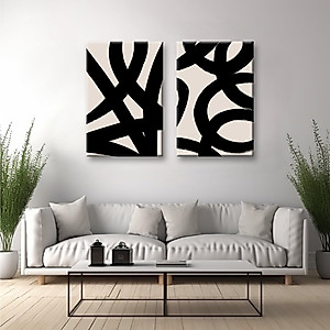 Framed Abstract Wall Art Canvas Set Lines Pictures Modern Mid Century Boho Wall Decor Minimalist Abstract Black Stroke Lines Canvas Painting Artwork Living Room Bedroom Home Office 16"x24"x2