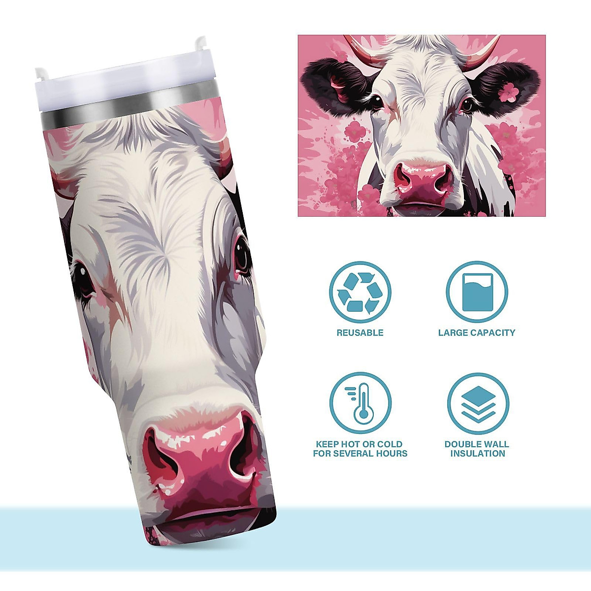 ARGTILDN 30 oz Tumbler Cow Flowers Abstract Insulated Travel Mug with Handle and Straw Lid Stainless Steel Vacuum Coffee Cup Tea Beverage Container Water Bottles for Car Sports office