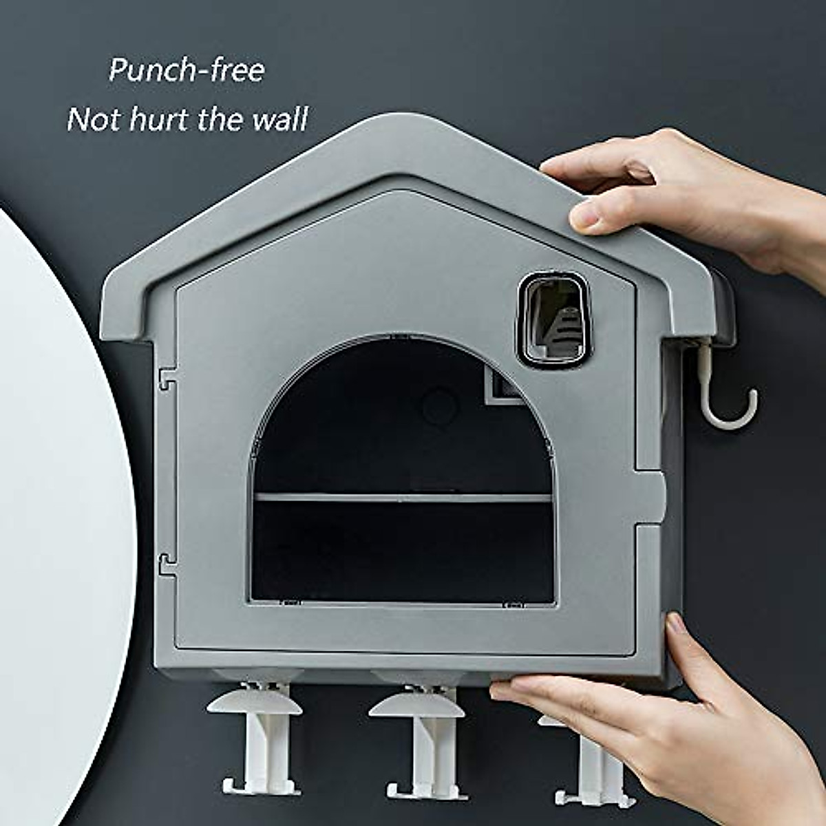 House-Style Toothbrush Holder, Punch-Free Multifunctional mouthwash Cup Holder, Wall-Mounted Set Brushing Cup, Moisture-Proof and Waterproof Shelf, Blue, Gray, White