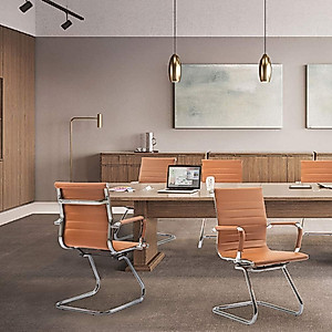 HNY Leather Office Guest Chairs & Reception Chairs Set of 6, Modern Waiting Room Chairs with Arms, Desk Chair no Wheels with Sled Base for Waiting Room/Conference Room, Cognac