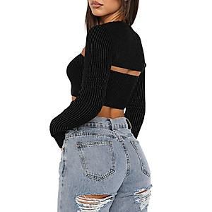 Remidoo Women's Bolero Top Rib Knit Open Front Sexy Long Sleeve T Shirt Crop Tops Black Small