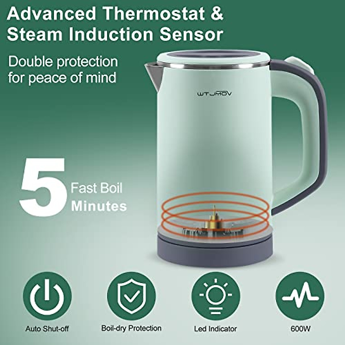 WTJMOV Small Electric Kettle Stainless Steel, 0.8L Portable Tea Kettle Auto Shut-off, Low Power Hot Water Kettle for Camping, Travel, Office and More