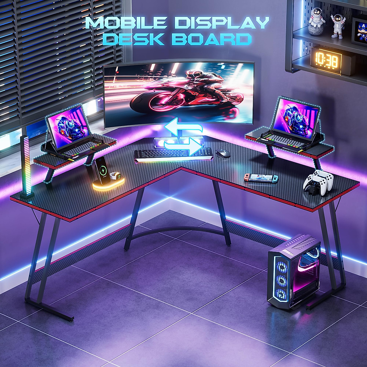 Homall L Shaped Gaming Desk Computer Corner Desk Pc Gaming Desk Table with Large Monitor Riser Stand for Home Office Sturdy Writing Workstation (Black,51 Inch)