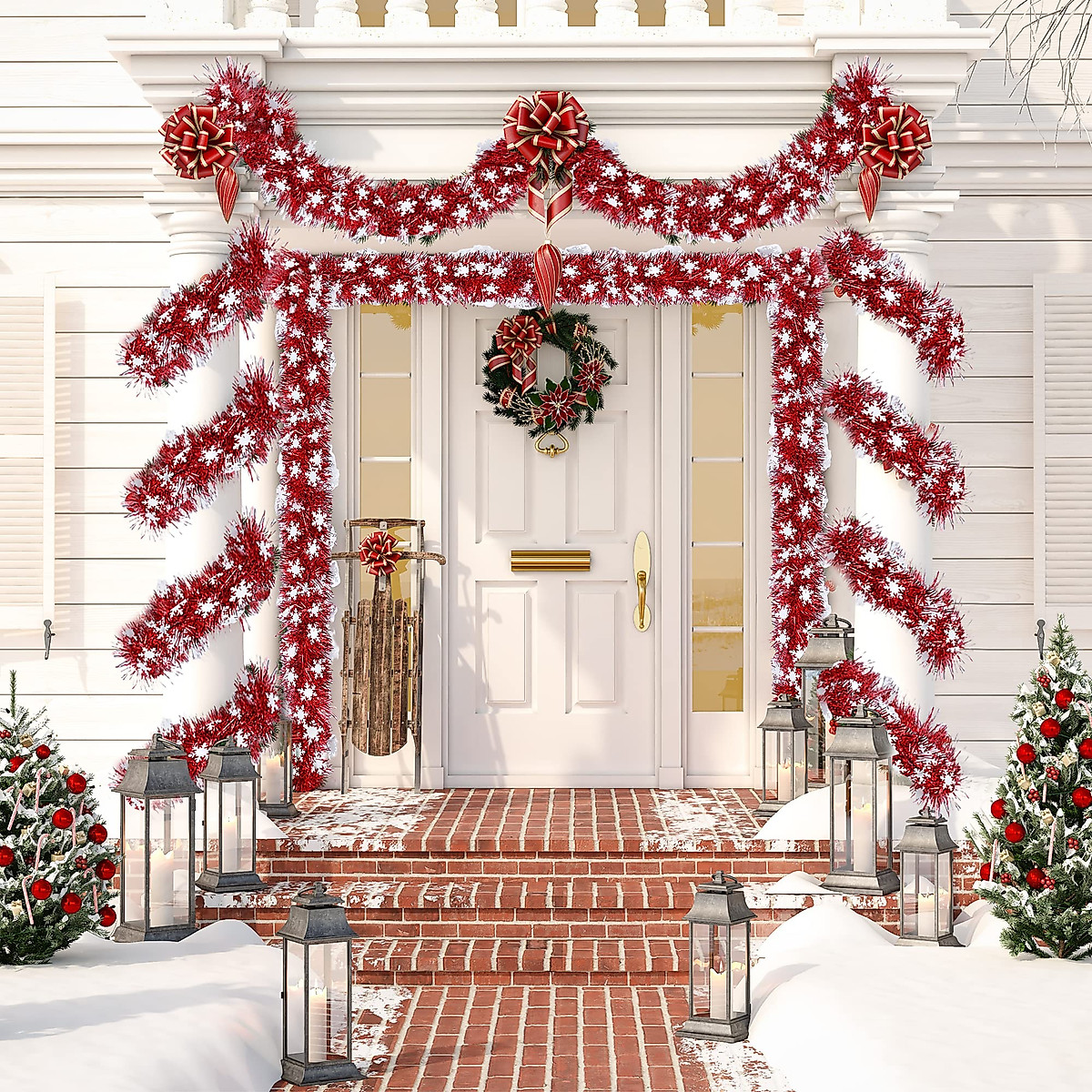 Sggvecsy 32.8Ft Christmas Snowflake Tinsel Garland Xmas Tree Decorations Red Christmas Metallic Twist Garland Ceiling Hanging Decorations for New Year Party Birthday Holiday Indoor Outdoor Supplies