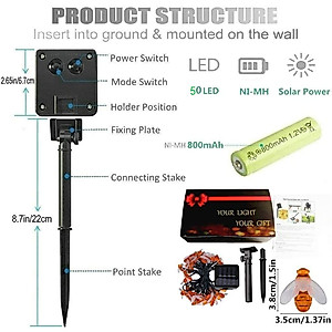 Solar Bee String Lights 2 Pack Each 23Ft Total 100 LED Solar Bee Fairy Lights 8 Modes Copper Wire Lights Waterproof Outdoor String Lights for Garden Patio Gate Yard Party Wedding Indoor Bedroom