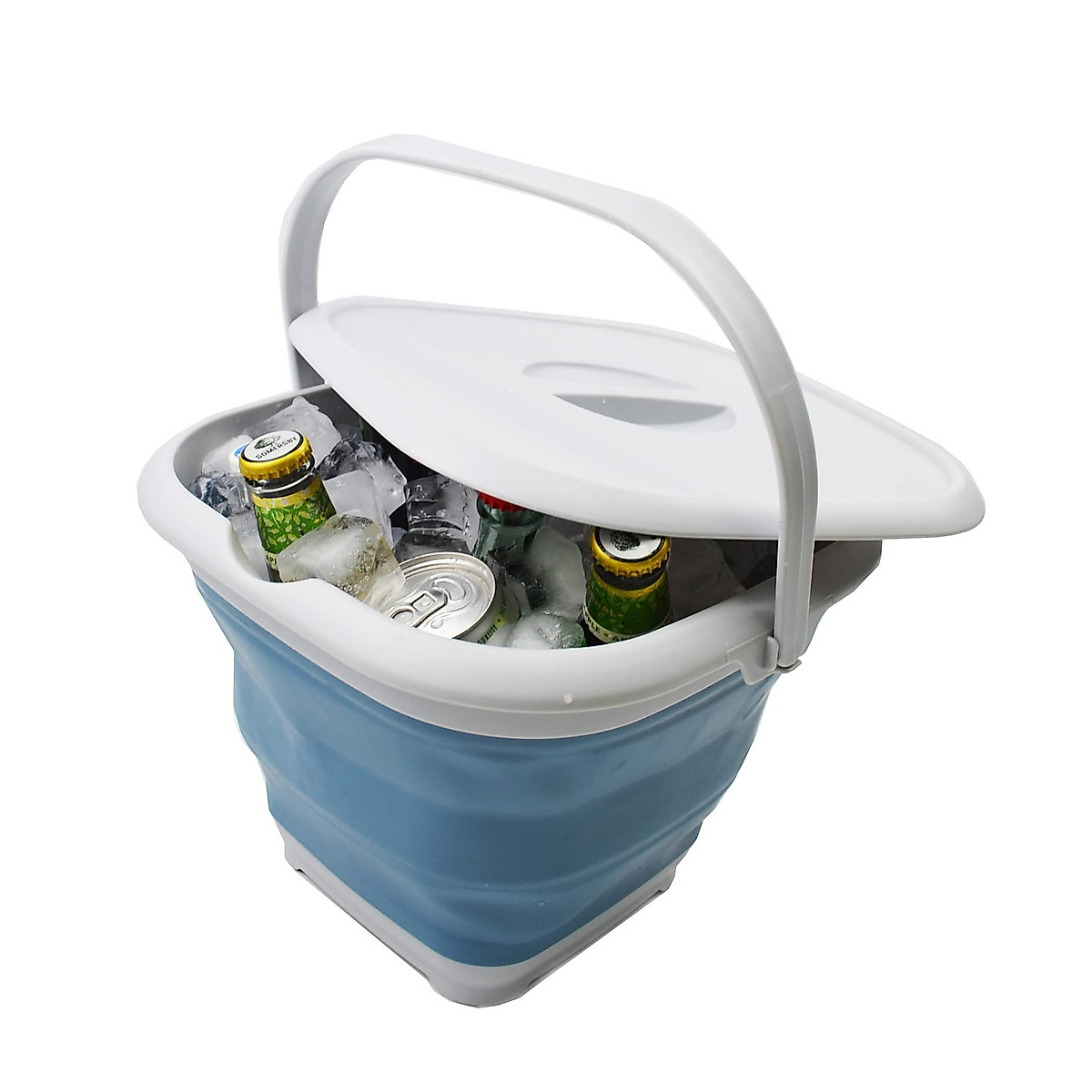 SAMMART 8.5L (2.2 Gallon) Collapsible Square Handy Bucket with Lid/Foldable SquareWater Pail with Lid/Portable Tub with Handle and Lid. Size 31x31cm (Grey/Steel Blue, 1)