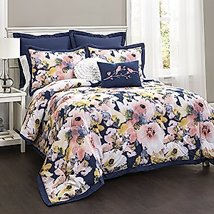 Lush Decor Lush Décor Floral Watercolor 7 Piece Comforter Set, King, Blue and Pink