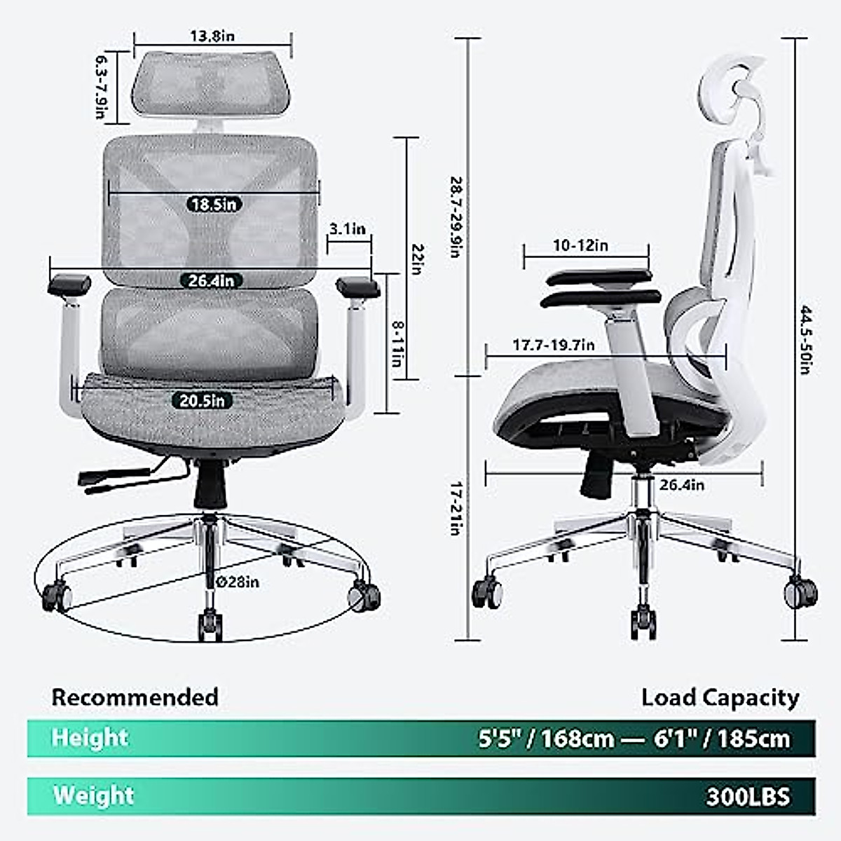 Memobarco Ergonomic Office Chair, High Back Desk Chair with Lumbar Back Support, 3D Adjustable Armrest & 3D Headrest, Comfortable Computer Mesh Chair with PU Wheels for Executive, Gaming, White