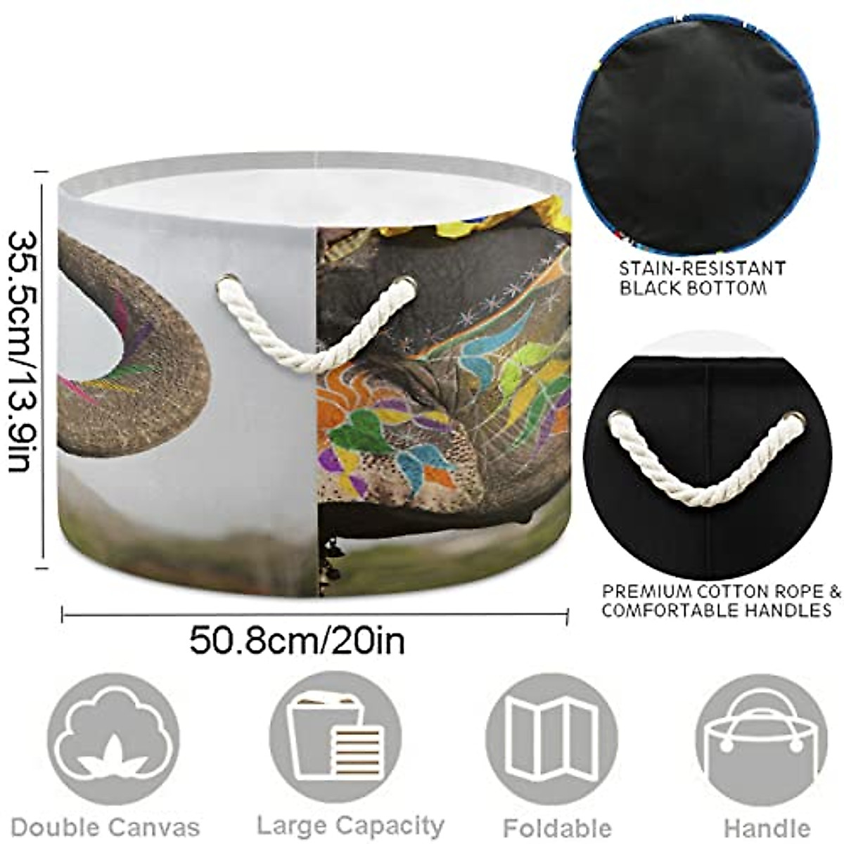 visesunny India Elephant with Painted Laundry Baskets Fabric Storage Bin Storage Box Collapsible Storage Basket Toy Clothes Shelves Basket for Bathroom,Bedroom,Nursery,Closet,Office