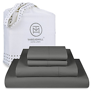 Threadmill Cotton Full Size Sheet Set| 100% Cotton Sheets for Full Size Bed | Solid Sateen Full Bed Sheets Set with 16” Elasticized Deep Pocket | Soft Breathable 4-Piece Cooling Sheet Set | Dark Grey