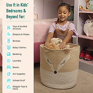 Large Cotton Rope Basket with Cute Animal Design - Unisex Bed & Bath Toy Bin Serves as Woven Laundry Basket & Nursery Hamper for Babies, Toddlers, Girls & Boys - Sturdy & Kid-Safe, 14" x 14 "