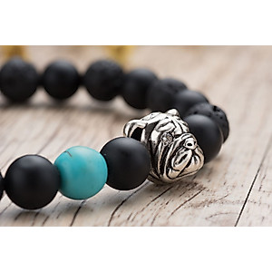 Karseer Black Matte Onyx and Lava Energy Stone Mala Beaded Stretch Bracelet with Bulldog Mascot Charm and Birthstone Embellishment, Handmade Friendship Jewelry Gift Unisex 7", Antique Silver