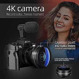 Monitech 4K Digital Camera for Photography and Video, 48MP Vlogging Camera for YouTube with 180° Flip Screen,16X Digital Zoom,52mm Wide Angle & Macro Lens, 2 Batteries, 32GB TF Card