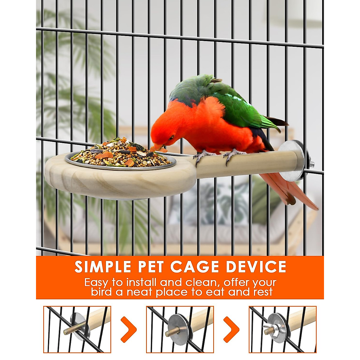 KATUMO Bird Perch Bird Feeding Cup Parrot Wood Perch Stand Toy Bird Cage Accessory for Parakeet Lovebird Conure Budgie Canary Finch Small Parrots