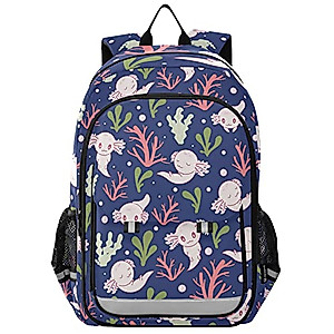 Glaphy Axolotl Fish with Corals Backpack Lightweight Laptop Backpack School Bag Student Travel Daypack with Reflective Stripes