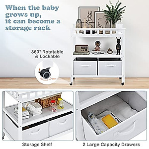 INFANS Baby Changing Table, Wood Diaper Dresser Station with Pad 2 Storage Drawers Baskets Shelves 4 Lockable Wheels and Safety Belt, Nursery Organizer Stand for Newborn Infant