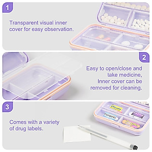 Goffing Travel Pill Organizer Box with Medicine Labels, 7 Compartments Portable Pill Case, Daily Medication Organizer Storage Pill Container for Pocket Pharmacy(Purple, L)
