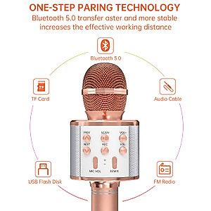 OVELLIC 2 Pack Karaoke Microphone for Kids, Wireless Bluetooth Karaoke Microphone for Singing, Portable Handheld Mic Speaker Machine, Great Gifts Toys for Girls Boys Adults All Age (Rose Gold & Blue)