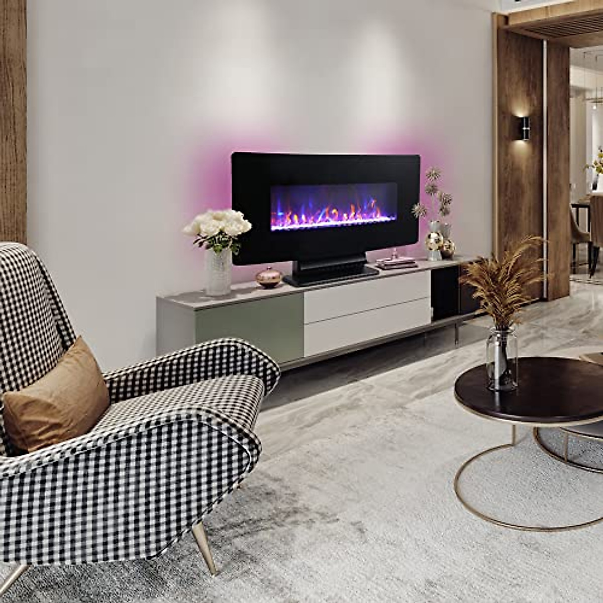 36 Inch Curved Front Electric Fireplace, Freestanding or Wall Mounted Electric Fireplace with Adjustable Flame Color & Remote Control for Apartment/Office/Bedroom, Black