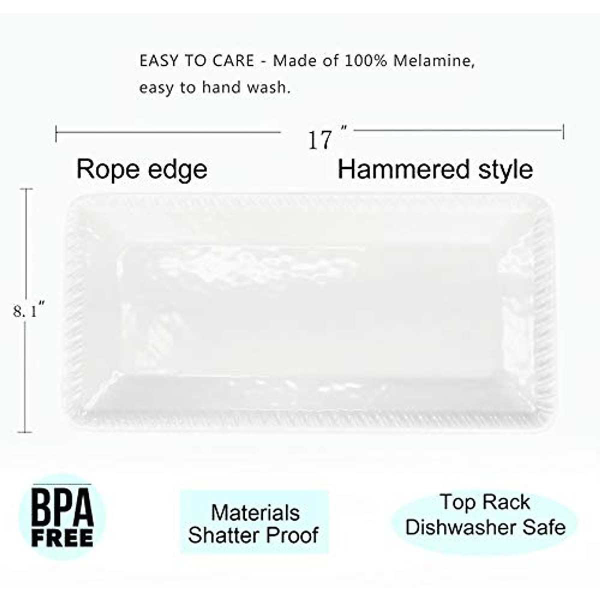 KX-WARE 17-Inch Melamine Serving Tray/Platters Set of 2, White & Rectangular | 100% Melamine,Dishwasher Safe,BPA Free