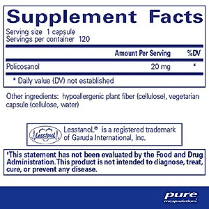 Pure Encapsulations Policosanol 20 mg | Hypoallergenic Supplement Supports Healthy Lipid Metabolism and Cardiovascular Function | 120 Capsules