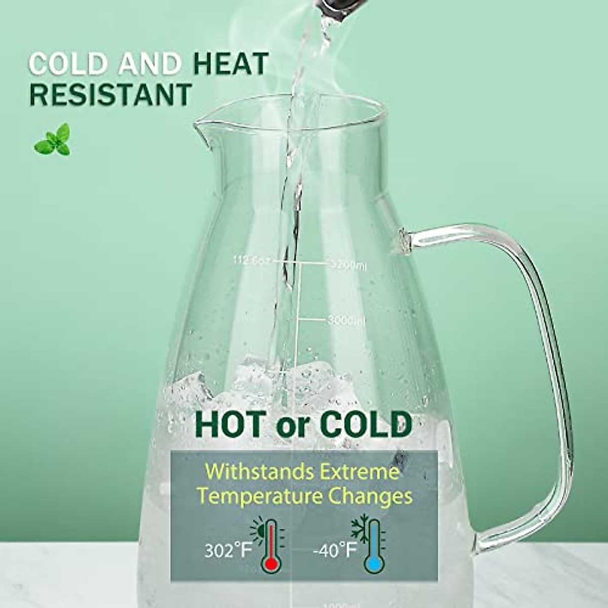 Glass Pitcher with Lid 1 Gallon, 113OZ Glass Water Pitcher with Precise Scale Line, WELLCHE 18/8 Stainless Steel Tea Pitcher 1 Gallon for Fridge, Easy to Clean Heat & Cold Resistant Borosilicate Glass