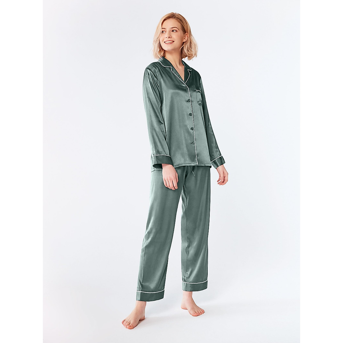 SIORO Womens Pajama Sets Silk PJ Satin Pijamas Two Piece Pants Set Sleepwear Loungewear PJS Plus Size, Greyish Green, X-Large